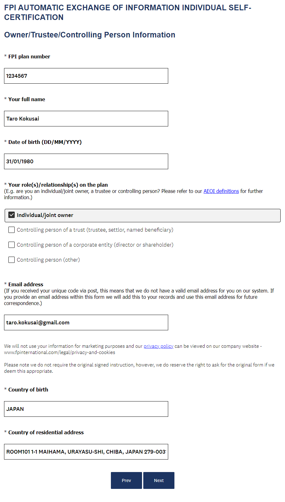 Automatic Exchange of Information (AEOI) self-certificationというFPI社からの ...